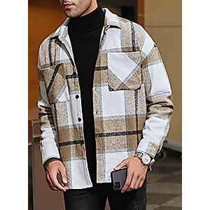 JMIERR Plaid Shacket Men Casual Button Down Shirts Long Sleeve Lightweight Classic Jackets Tops with Pockets,US 43(L),Brown