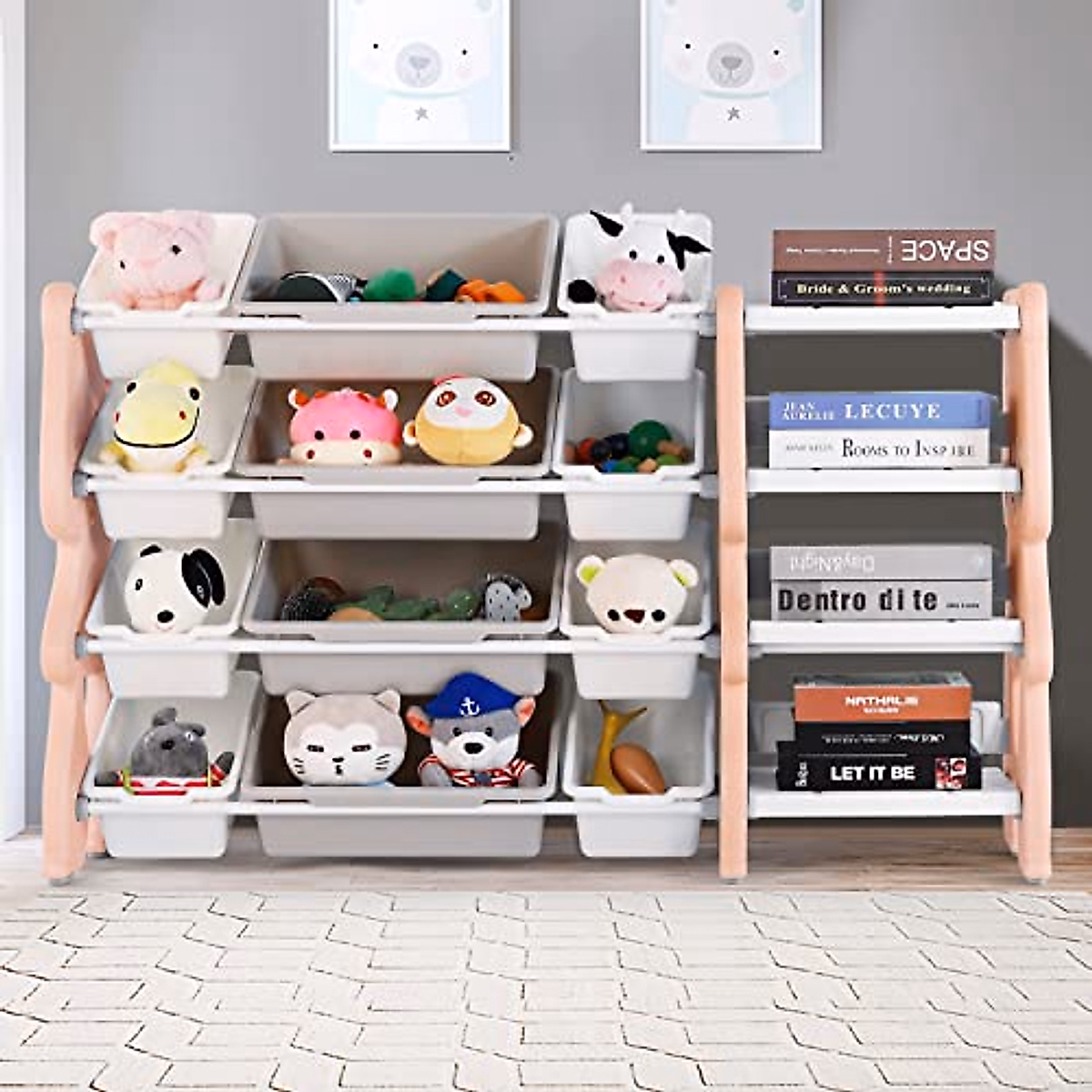 JOYLDIAS Kids Toy Storage Organizer with 4-Tier Shelf and 12 Removable Bins for Boys Girls Children's Room, Nursery, 47.2''x13.8''x33'', Pink