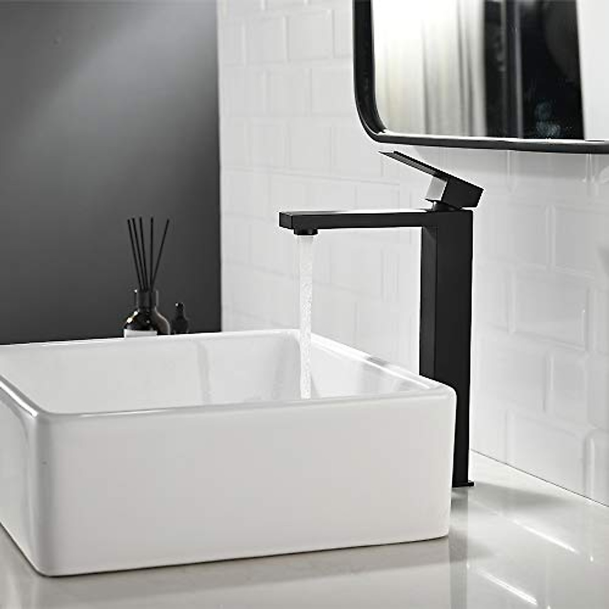 Friho Single Handle Matte Black Tall Bathroom Vessel Sink Faucet, Modern Bathroom Vanity Faucets Vessel Basin Mixer Tap Bathroom Sink Faucet with Drain Pop up&Water Hoses