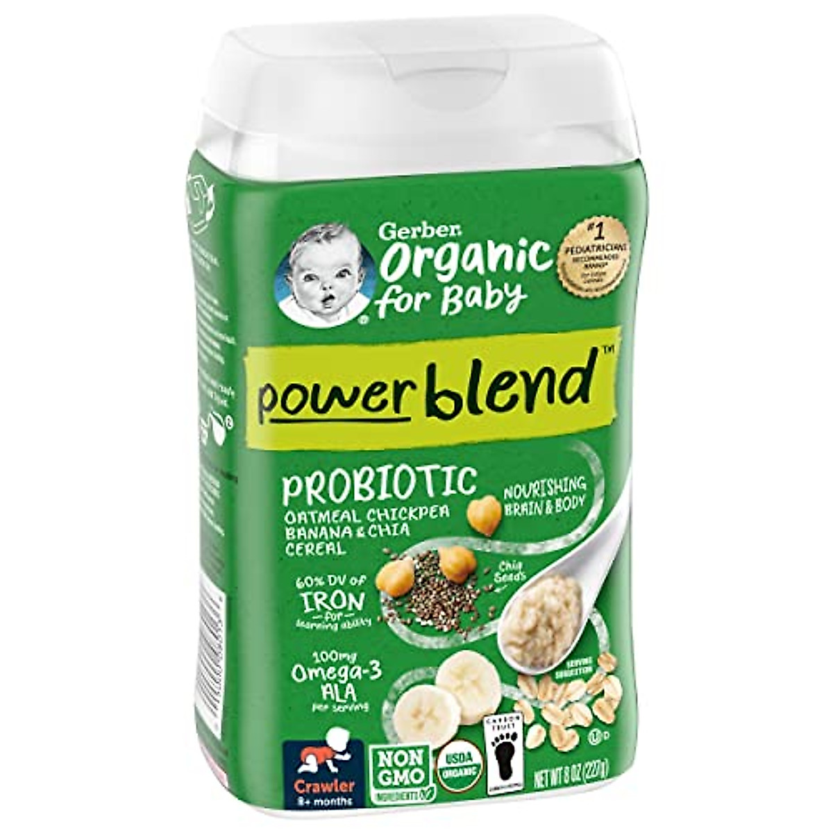 Gerber Organic for Baby Power Blend Probiotic Cereal, Oatmeal Chickpea Banana & Chia Cereal, Organic & Non-GMO Baby Cereal, 8-Ounce Canister (Pack of 3)