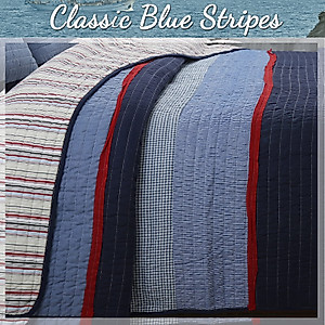 Cozy Line Home Fashions Navy Blue Red Striped Boy 100% Cotton Reversible Quilt Bedding Set, Coverlet, Bedspread (Harlan, Queen - 3 Piece)