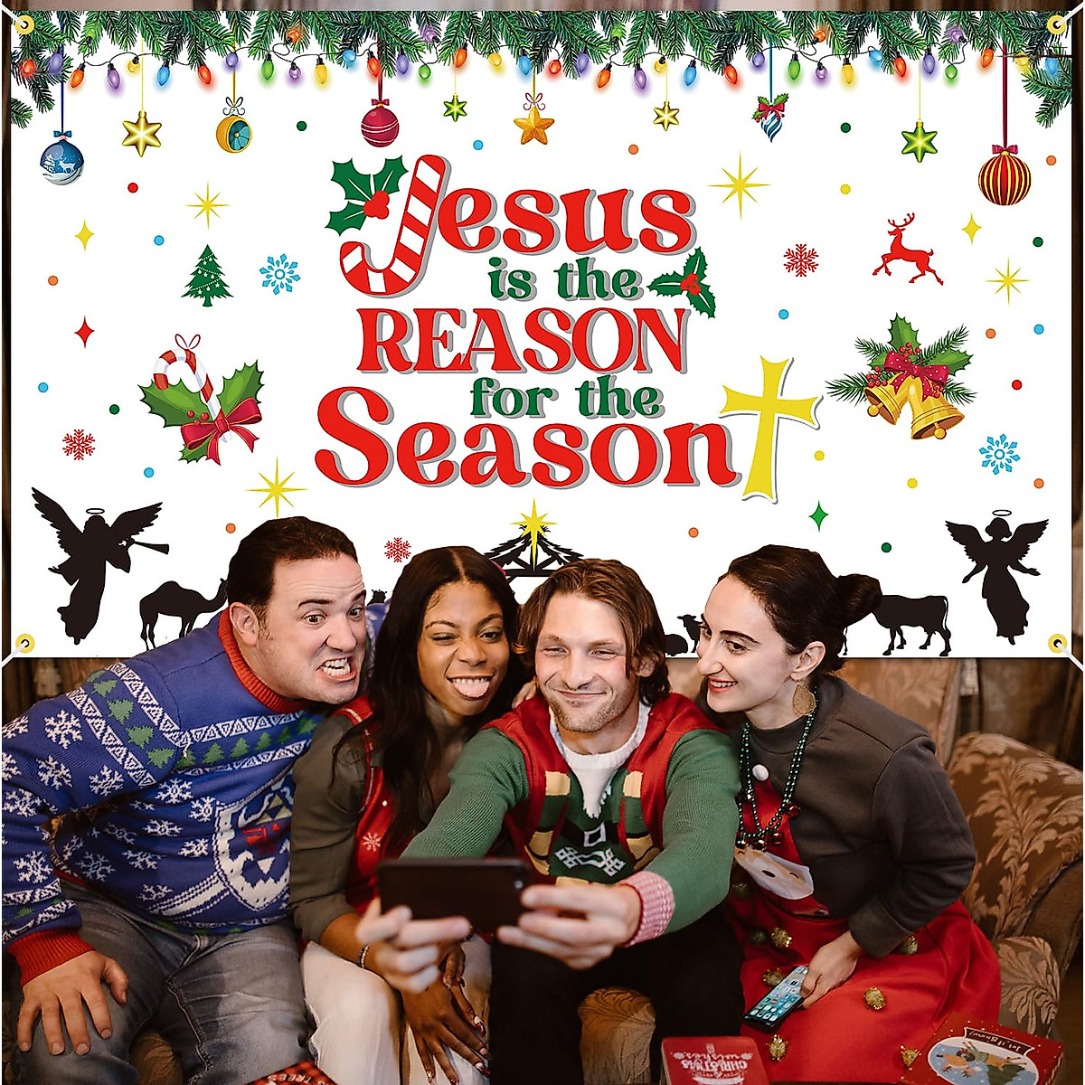 JKQ Jesus is The Reason for The Season Backdrop Banner 73 x 43 Inch Large Christmas Holiday Nativity Scenes Birth of Jesus Background Banner Religious Christmas Holy Nativity Party Decorations