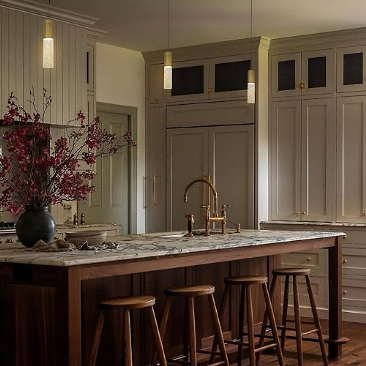 Pendant Lights Kitchen Island, Ceiling Hanging LED Vanity Light Fixtures with 3000K, Modern Crystal Cylindrical Shape Pendant Modern Kitchen Island Lighting for Dining Room, Bar- 2 Pack (Gold)