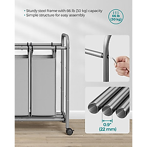 SONGMICS 3-Section Laundry Sorter, Laundry Basket with Wheels, Laundry Hamper with 3 Bags, Laundry Room Organizer, Removable Laundry Bag with Handles, Lockable Wheels, Gray ULSF003GS