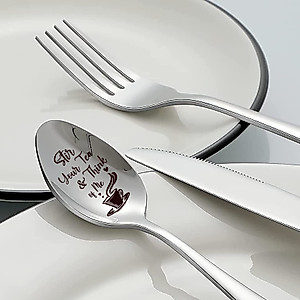 family Kitchen Funny Stir Your Tea and Think of Me Engraved Stainless Steel Coffee Tea Spoon, Coffee Tea Lover Gift for Husband Wife Couple Birthday Valentine Anniversary Christmas Gift