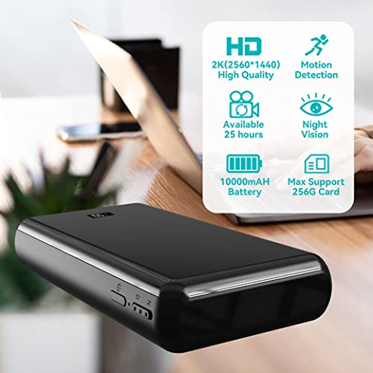 NAZARR Hidden Spy Camera Power Bank with 120° Viewing Angle, Portable Nanny Cam Secret Security Cameras, Camaras Espias Ocultas HD 2K(2560×1440),64GB,10000mA,Night Vision, Motion Activated(No WiFi) 