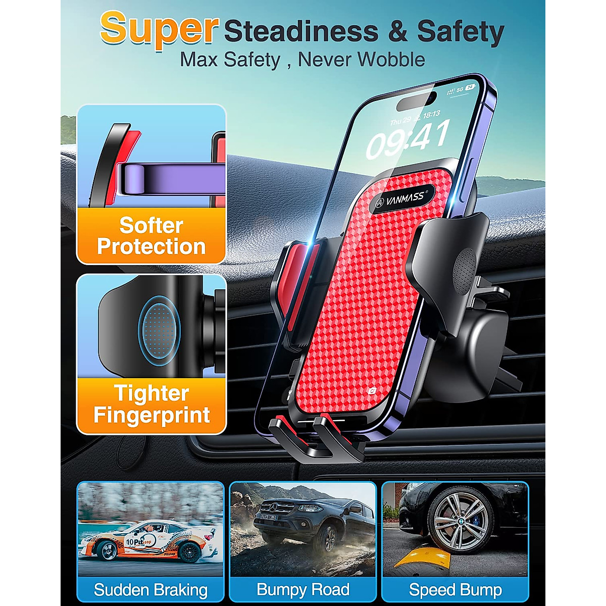 VANMASS [Pro Version] Universal Car Phone Mount [Super Suction Cup] Dashboard Phone Holder Stand, Handsfree Windshield Dash Vent Phone Holder Car, Compatible for iPhone 14 13 12 LG & Truck, Red