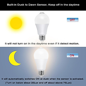 Motion Sensor Light Bulbs, 9W (60W Equivalent) A19 E26 5000K, Motion Detector Auto Activated Dusk to Dawn Security Bulbs, Outdoor/Indoor for Porch Garage Basement Hallway Closet (Daylight 2 Pack)