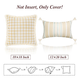 Lewondr Outdoor Throw Pillow Covers 12×20&18×18 Inch, Waterproof Throw Pillow Cases with Fringe, Striped Decorative Outdoor Cushion Covers for Garden, Patio, Couch, Balcony, 2 Pack, Beige