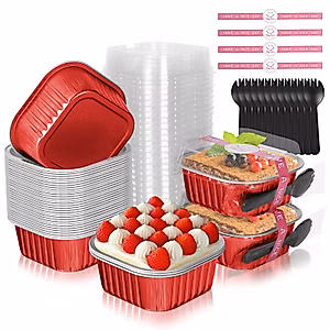 HEYYUMI 10oz Aluminum Foil Brownie Pans with Lids, 40 Pack Square Cake Pans, Disposable Ramekins Cupcake Cups Containers,Mini Cake Baking Pans,Large Muffin Tin Holder for Catering Gathering - Red