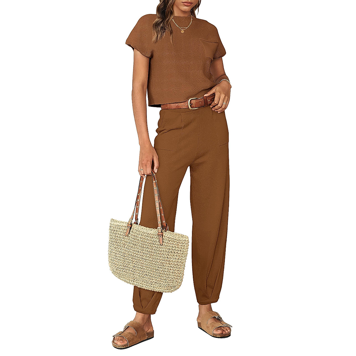 MEROKEETY Women Two Piece Outfits Sweater Sets Knit Pullover Tops High Waist Pants Lounge Set Tracksuit, Pecan, Small