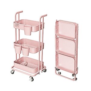 Merapi 3 Tier Foldable Rolling Cart, Metal Utility Cart with Wheels, 3 Hanging Cups and 6 Hooks, Folding Trolley for Living Room, Kitchen, Bathroom, Bedroom and Office, Pink