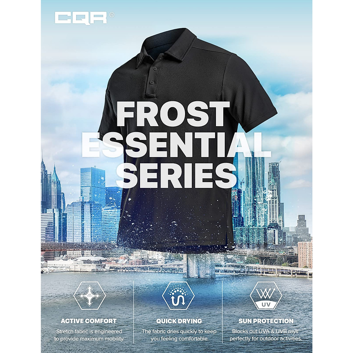 CQR Men's Polo Shirts, Tactical Short Sleeve Golf Performance Shirts, Lightweight Dry Fit UPF 50+ Pique, Frost Essential Black, Medium