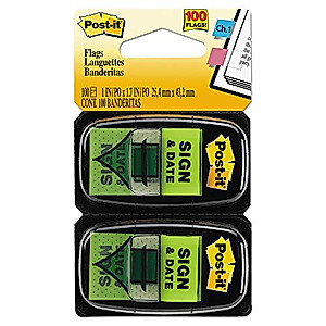 Post-it Printed Message Flag,Removable, Self-adhesive - 1" x 1.75" - Sign & Date - Green - 100 / Pac