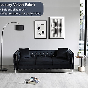 Velvet Sofa for Living Room,82.3" Jeweled Buttons Tufted Square Arm Couch,Modern Couch Upholstered Button and Metal Legs,Sofa Couch with 2 Pillows for Bedroom (Black+Velvet, 82.3 L*32.3 W*29.1 H)
