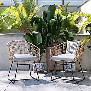 Flash Furniture Devon Set of 2 Indoor/Outdoor Patio Boho Club Chairs, Rope with PE Wicker Rattan, Cushions and Sled Base, Natural/Light Gray