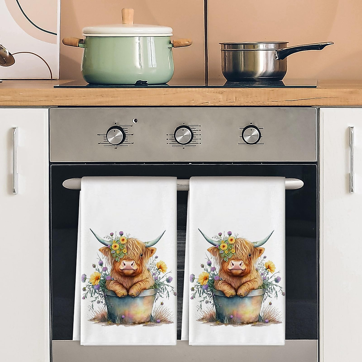 AnyDesign Highland Cow Kitchen Dish Towel 18 x 28 Inch Rustic Farmhouse Dishcloth Seasonal Cute Cow Decorative Hand Tea Towel for Kitchen Home Cooking Baking Cleaning, 2Pcs