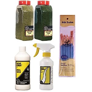 Make Your Day Bundle, Woodland Scenics Coarse Turf Shakers - Light Green and Medium Green with Scenic Cement, Scenic Sprayer, and MYD Paintbrushes