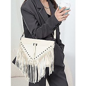 Hoce Women’s Leather Fringe Messenger Bag Hobo Crossbody Tassel Shoulder Bags, Beige