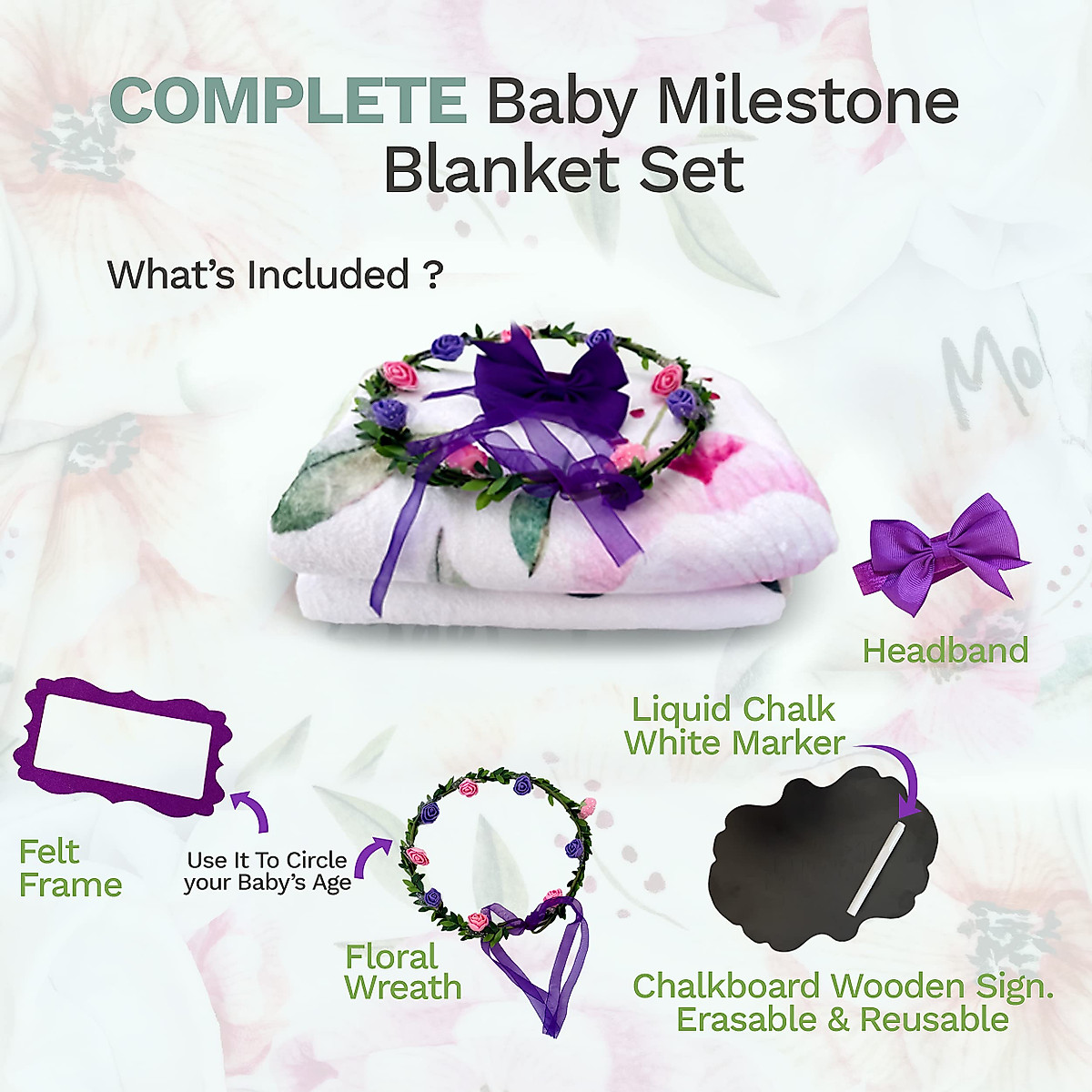 ARUGUMBABY Baby Milestone Blanket Girl - Baby Photo Blanket - Growth Chart Blanket for Baby Girl - 60" x 40" Large (Purple Floral)