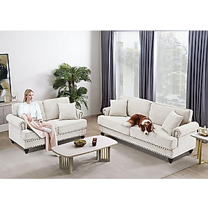 JEEOHEY 2 Piece Living Room Furniture Sets,Comfy Sofa Couch Set,Including Loveseat&3 Seater Sofa,Upholstered Deep Seat Sofa,Modern juegos de muebles de sala with Rolled Arms & Nailhead Trim(White)