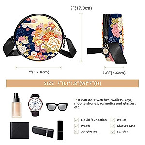 Japanese Traditional Cherry Peony Maple Leaf Crossbody Bag for Women Teen Girls Round Canvas Shoulder Bag Purse Tote Handbag Bag