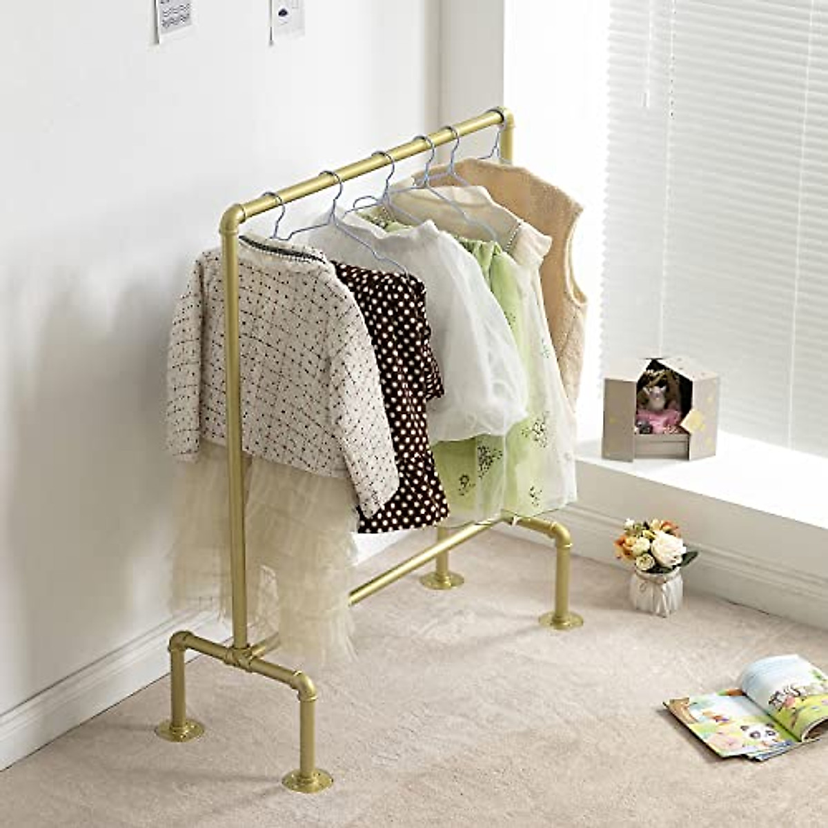 CTHTESY Industrial Pipes Dress up Racks, Child Garment Racks, Kids Clothing Racks, Clothes Hanging Rack with Storage Shelf Organizers Shelves Shelving, Gold