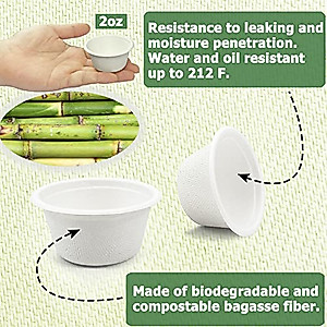 CAMKYDE 2 oz Disposable Bagasse Fiber Souffle Cups 100pk, 100% Natural Biodegradable Compostable Condiment Cups Sample Cups Tasting Cups (White, Pack of 100)