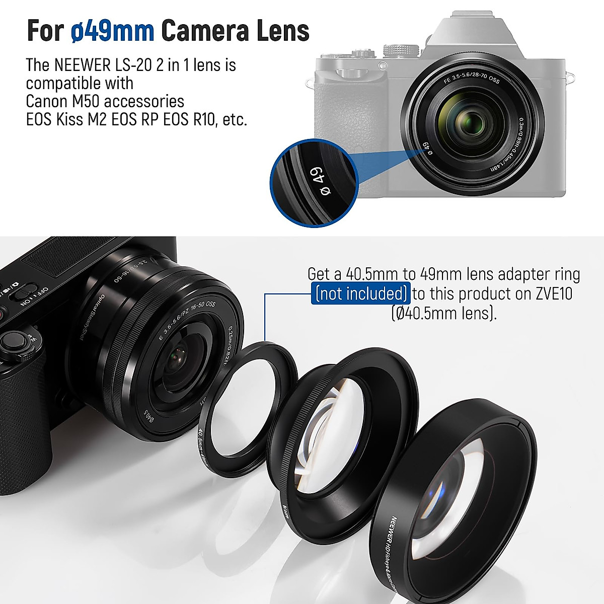 NEEWER 49mm 0.43X Fisheye & 1.4X Macro Lens, 18mm Focus Compatible with Canon EOS Kiss M2 RP R10, 40.5-49mm Adapter Ring (not Included) Needed for Sony ZV-E10 A6400 A7 IV Nikon Z50, LS-20