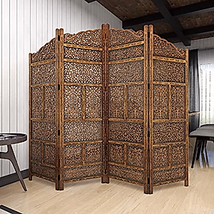 Deco 79 Wood Floral Handmade Hinged Foldable Arched Partition 4 Panel Room Divider Screen with Intricately Carved Designs, 80" x 1" x 72", Brown