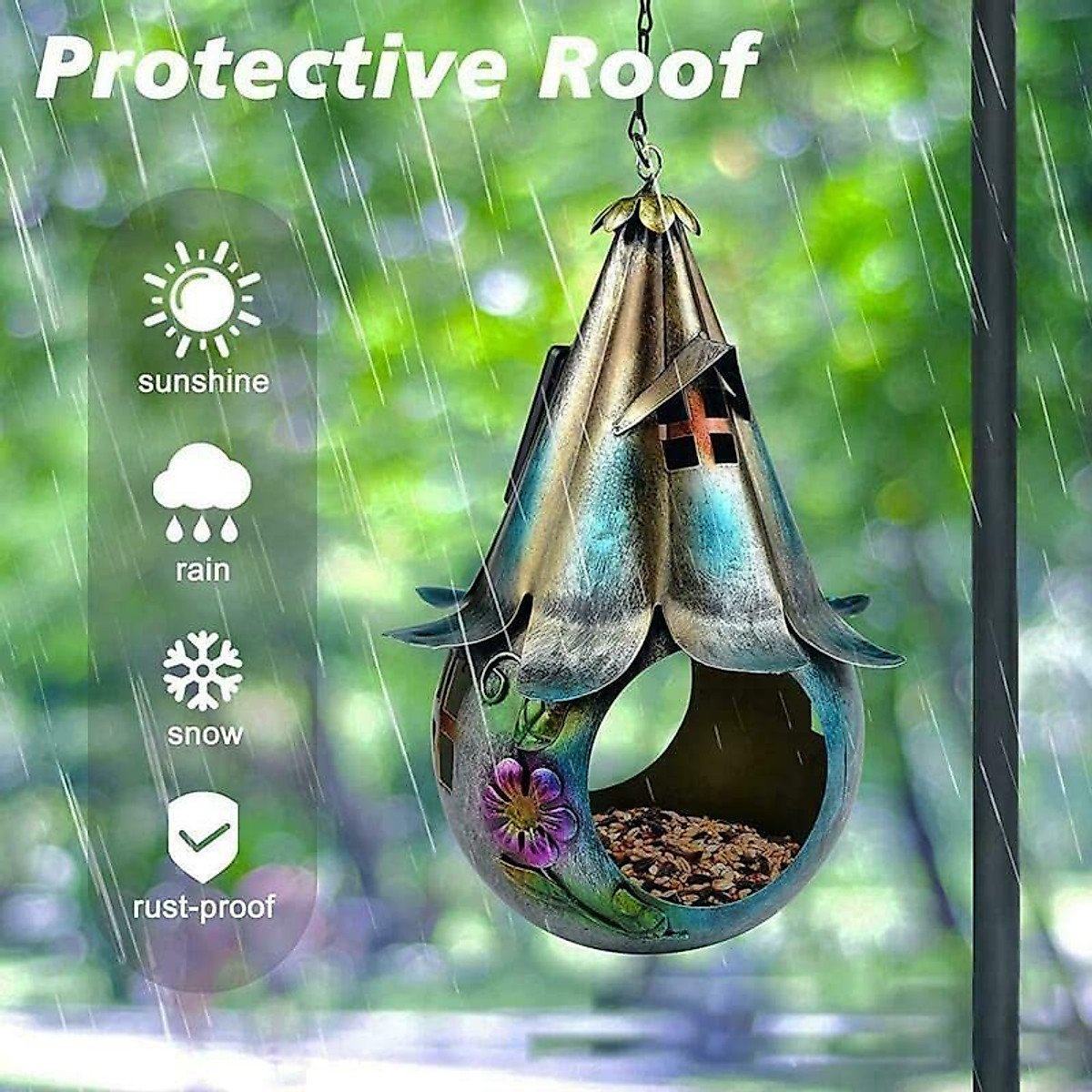 Solar Wild Bird Feeder, Wrought Iron Garden Hanging Ornament Birdhouse, Bird Feeder for Outdoors Hanging Solar Garden Lantern Bird House with S Hook as Gift Ideas for Bird Lovers (A)