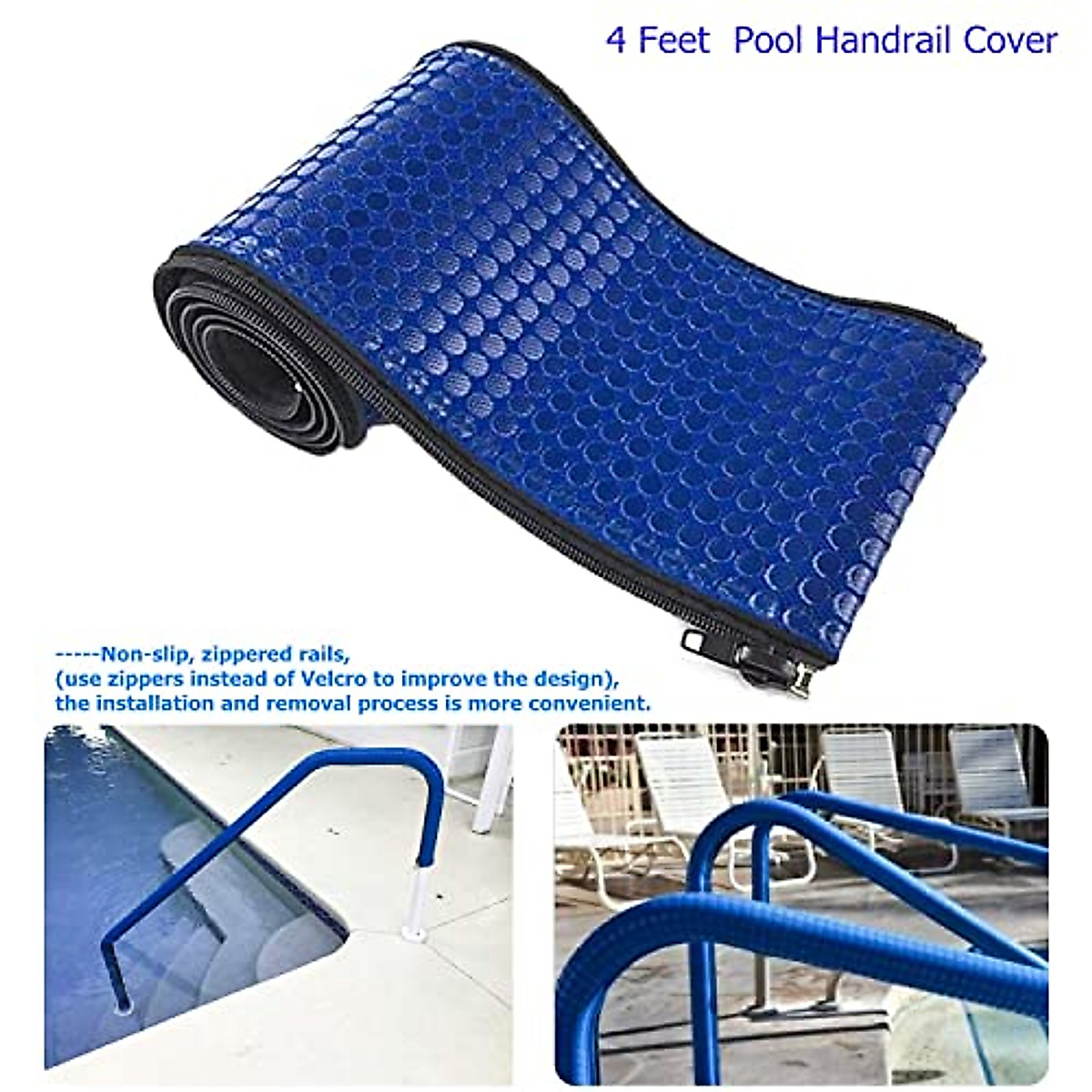 Pool Railing Handrail Comfort Covers 4-Feet Zippered Designed Neoprene Hand Grip Rail Nonslip Cover for Above Ground & Inground Pool Ladder Hand Rail (Royal Blue (2)
