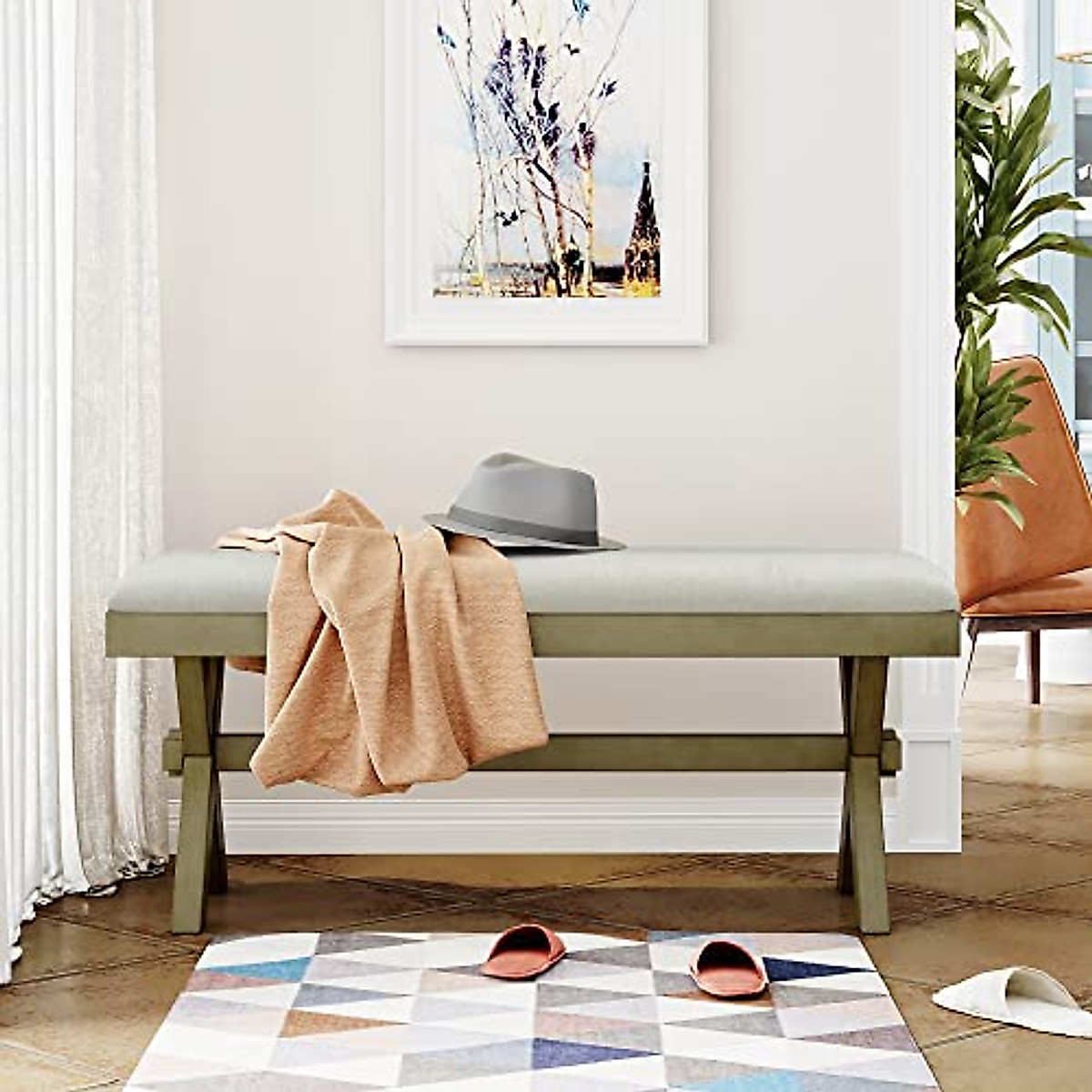 UBGO Chair for 4, 3 Piece Modern Leisure Set with 2 Upholstered Bench Rectangular Table for Kitchen, Dining Room, Restaurant, Apartment Small Space Furniture, Gray Green