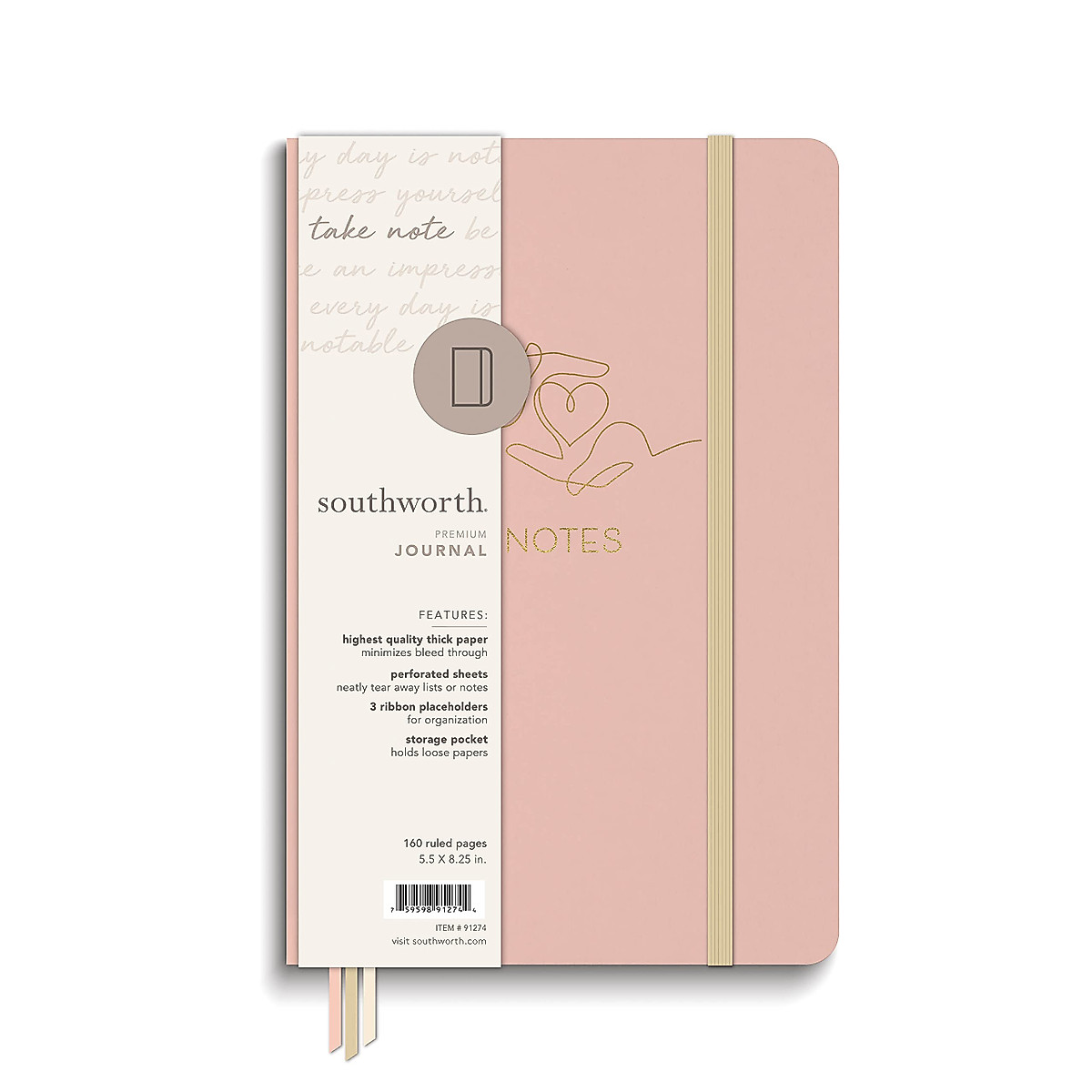 Southworth Medium Case Bound Journal, 5.5" x 8.25", Cashmere Sweet Heart Design, Premium 28 lb/105 gsm Paper, 160 Lined Sheets (91274)