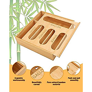 Ziplock Bag Organizer, Bag Storage Organizer for Kitchen Drawer, Plastic Bag Organizer for Gallon, Quart, Sandwich, Snack, Slider, Bamboo Baggie Organizer Compatible with Ziploc, Glad, Hefty, Solimo