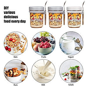 FHDUSRYO 3PCS Overnight Oats Containers with Lids and Spoon, 10oz Overnight Oats Jars, Large Airtight Oatmeal Container with Bag, Glass Mason Jars for Cereal Fruit Milk Salad Meal Prep (White+Grey)