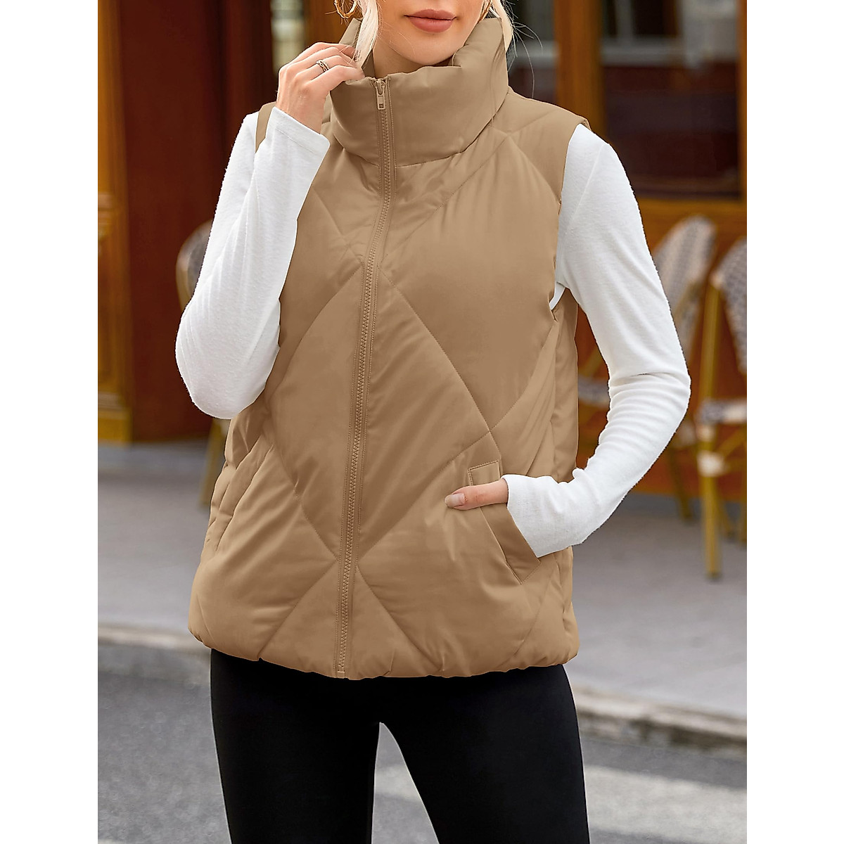 MEROKEETY Womens Puffer Vest Sleeveless Zip Up Quilted Coat Lightweight Stand Collar Gilet Jacket With Pockets Khaki Medium