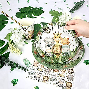 Safari Jungle Baby Shower Plates Set Decorations Boy Birthday Party Supplies Serves 25,Sage Green Plates Napkins Cups and Straws Animals Theme Disposable Tableware Set