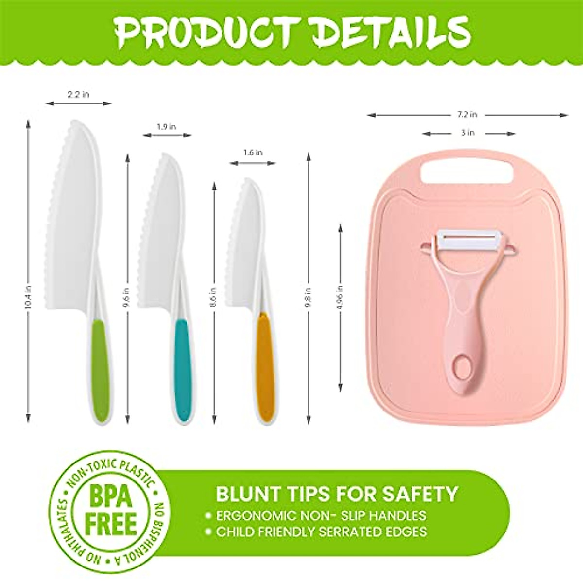 Kids Knifes Set,Nylon Knives Safe Baking Cutting Cooking Children's Beginners Cut Fruits Salad Veggies CakeFun Firm Grip Serrated Edges Friendly Childrens Knife With Cutting Board Peeler 5Pack (pink)