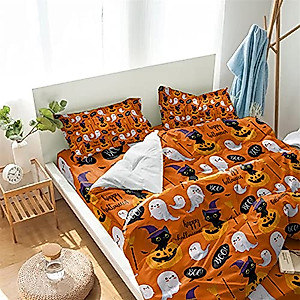 Halloween Orange Pumpkin Ghost Face Duvet Cover Sets 4 Piece Twin Ultra Soft Bed Quilt Cover Set for Kids/Teens/Women/Men,Cute Black Cat Ghost Seamless Bedding Collection All Season Use