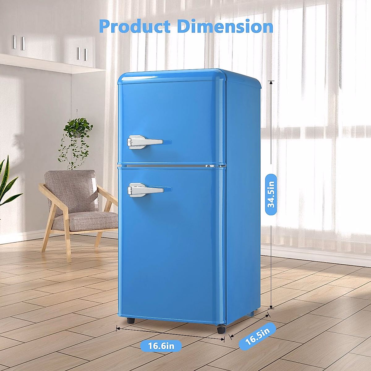 JANREAY Mini Refrigerator with Freezer 3.5 Cu.Ft, Small Refrigerator with 7 Settings Temperature, Adjustable Shelves, 2 Doors, Low Noise, Mini Fridge for Apartment, Bedroom, Office, Dorm Blue