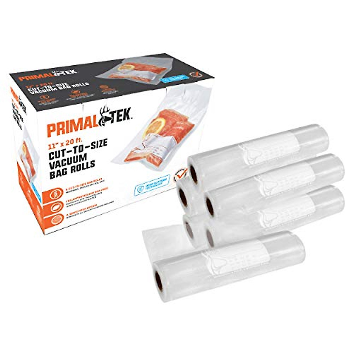 PrimalTek Cut-to-Size Vaccuum Bag Rolls - User Friendly for Food Savers – Microwave, Freezer and Boil Safe, BPA-Free, Compatible with Most Vacuum Seal Machines (11” x 20' (6 Rolls))