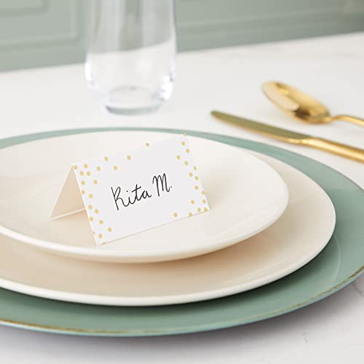 100 Pack Place Cards for Table Setting, Blank Table Name Cards for Wedding, Gold Foil Polka Dot Place Cards for Banquet, Events, Reserved Seating (2 x 3.5 In Folded)