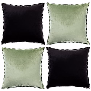 GAWAMAY Decorative Fall Black Pillow Covers 16x16 Inch, Pack of 2 Soft Velvet Square Cushion Cases with Chenille Edge Green Throw Pillowcase Shell for Living Room Sofa Patio Tent Couch Beding 40x40cm