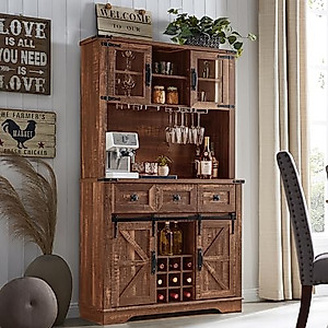 OKD Farmhouse Bar Cabinet with Sliding Barn Door, 72" Rustic Buffet with Hutch with Wine and Glasses Rack, 3 Drawers, Storage Shelves, Sideboard Cupboard for Kitchen, Dining Room, Reclaimed Barnwood