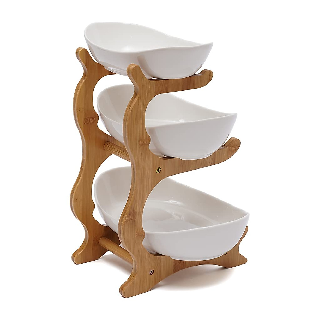 Futchoy Household 3 Tier Ceramic Fruit Plate Bowl,Bamboo Wooden Frame Plate Basket Holder,for Vegetables,Fruit and Candy Organizing (White)