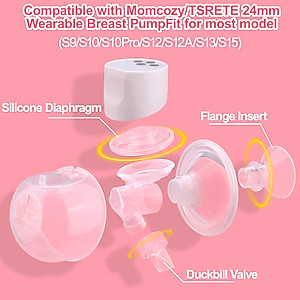 Flange Insert 13/15/17/19/21mm 5pcs, Compatible with Momcozy S9/S9 pro/S12/S12 pro, Including Duckbill Valve&Silicone Diaphragm for Wearable Breast Pump, Reduce Nipple Tunnel Down to Correct Size
