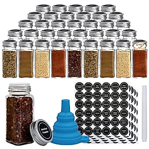 Datttcc 52 Pack Glass Spice Jars,Reusable Clear 4 OZ Square Seasoning Containers with Silver Metal Caps and Pour/Sift Shaker Lids Spice Jars with Labels and Funnel Sets for Cabinet,Kitchen Pantry
