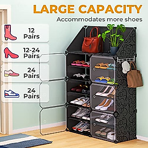 NiHome 24-Pair Shoe Organizer Cabinet with Doors and Top Shelf, Stackable, Expandable and Free-Standing Plastic Storage Rack for Entryway, Closet, Garage, Bedroom, Hallway and Office