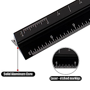12"Architectural Scale Ruler, Aluminum Scale, Triangular Ruler, Scale Ruler for Blueprint Imperial Measurements for Architects Engineering Artists, Draftsman Drawing, Laser-Etched Markings.(Black)